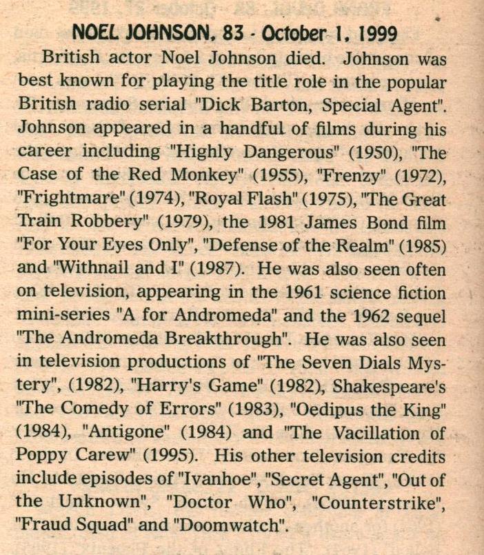 Noel Johnson, 83 - October 1, 1999 - The Doctor Who Cuttings Archive