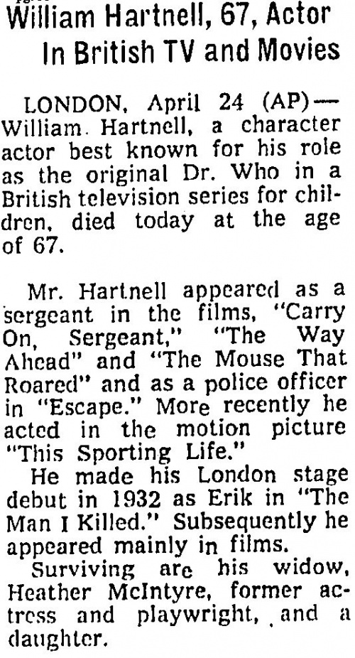 William Hartnell obituary (Associated Press) - The Doctor Who Cuttings ...